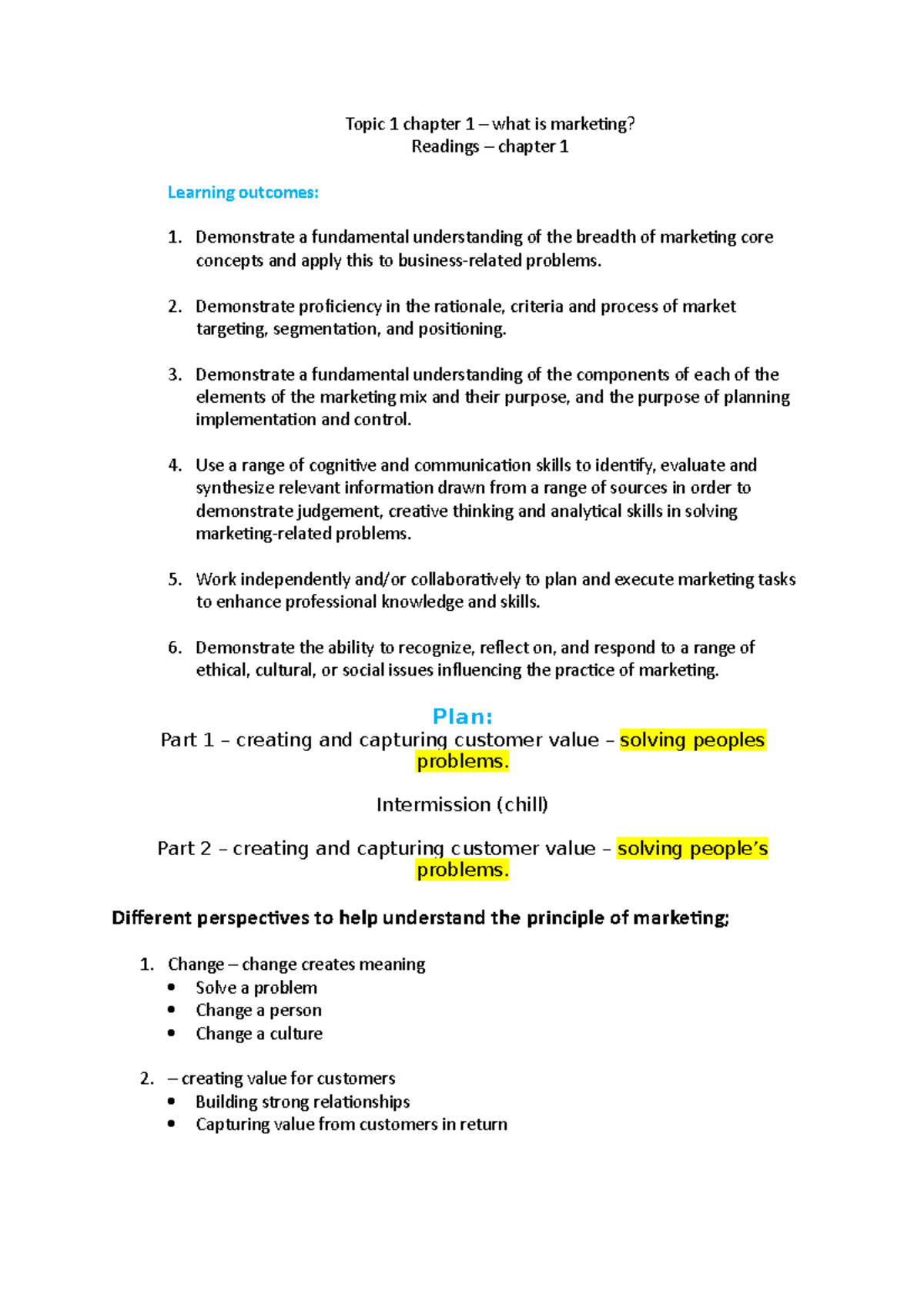 MM110 Topic Notes - Topic 1 chapter 1 – what is marketing? Readings ...