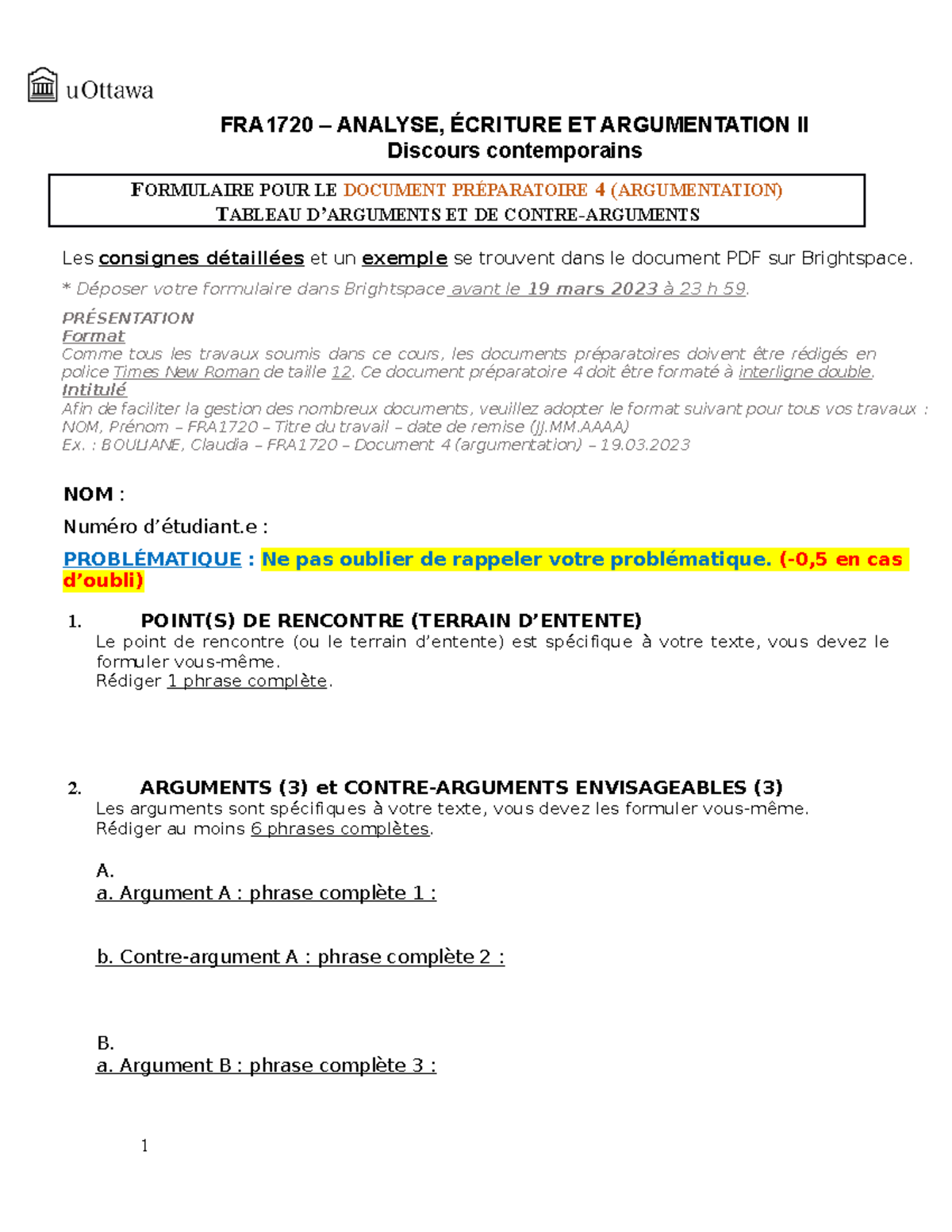 Formulaire - Document préparatoire 4 (argumentation) - H2023 - FRA1720 – ANALYSE, ÉCRITURE ET ...