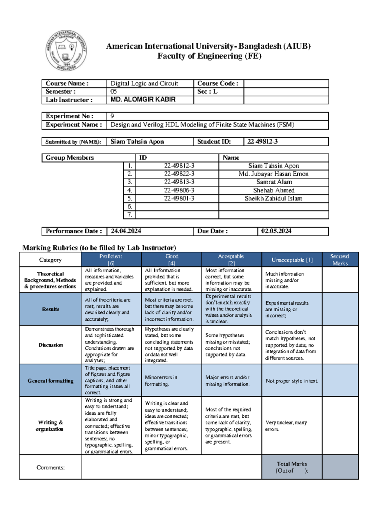 Experiment 09 - Lab Report - American International University ...