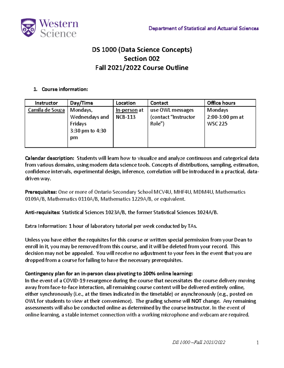 DS1000-course outline - Department of Statistical and Actuarial ...