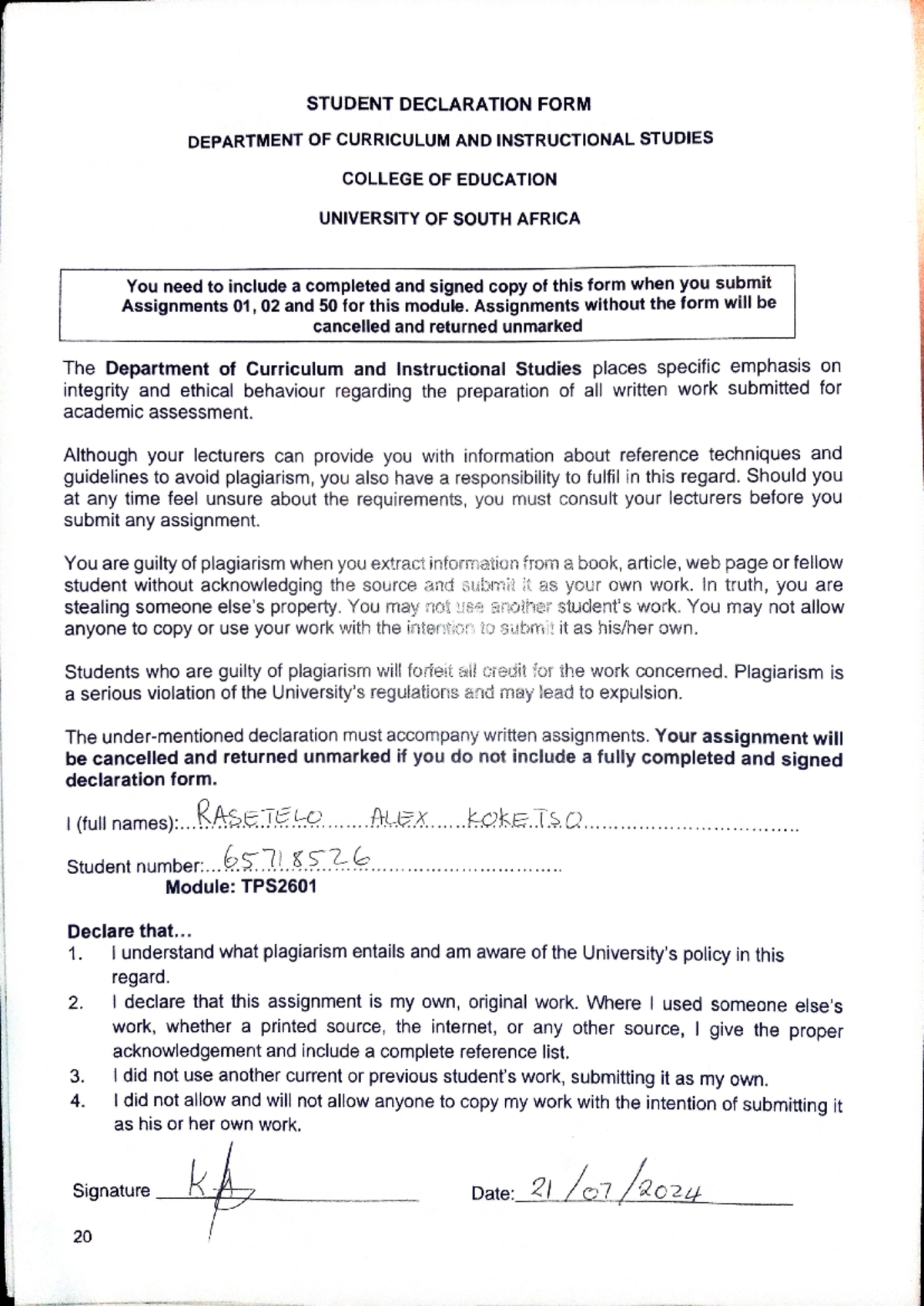 TPS2601 - assessement - STUDENT DECLARATION FORM DEPARTMENT OF CURRICULUM AND INSTRUCTIONAL ...