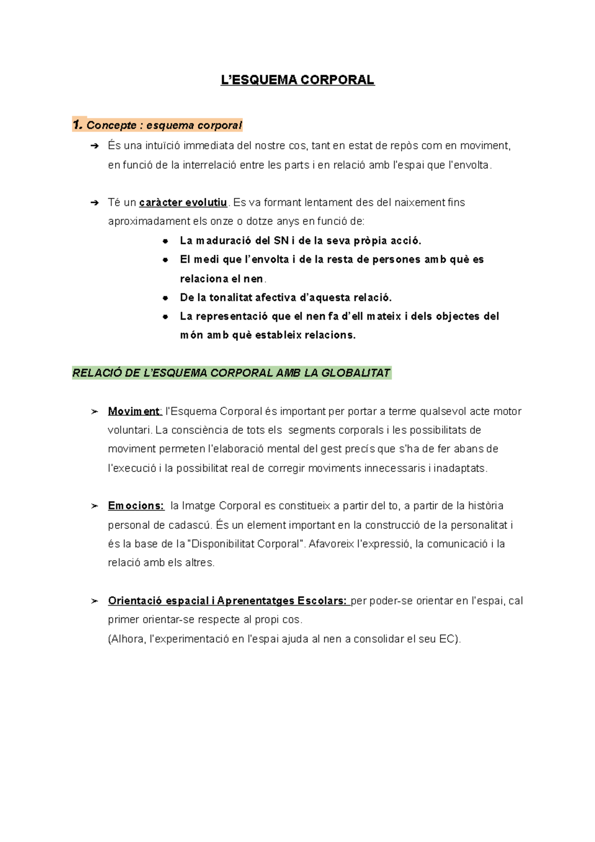 TEMA 5. L'ESQUEMA CORPORAL EN EL DESENVOLUPAMENT PSICOMOTRIU - L’ESQUEMA CORPORAL 1. Concepte ...