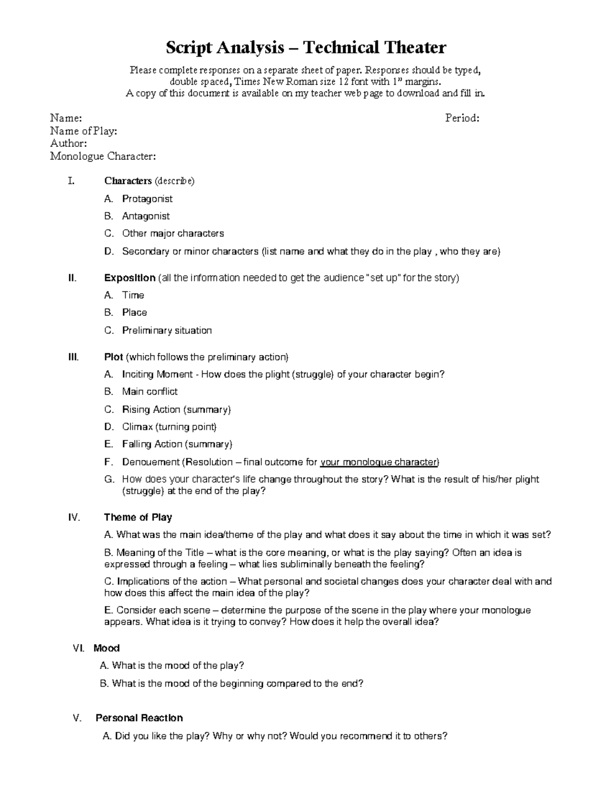 Technical Script Analysis - Script Analysis – Technical Theater Please complete responses on a ...