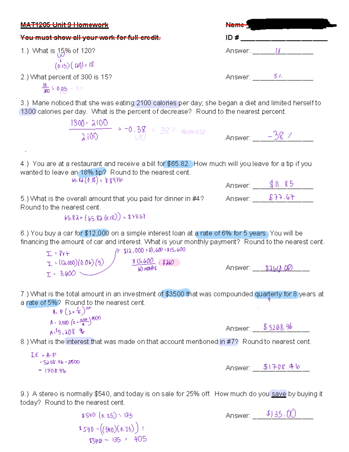 Mathematics - This is a math Pr@ctice assignment that you do - MAT1205 Unit 9 Homework Name ...