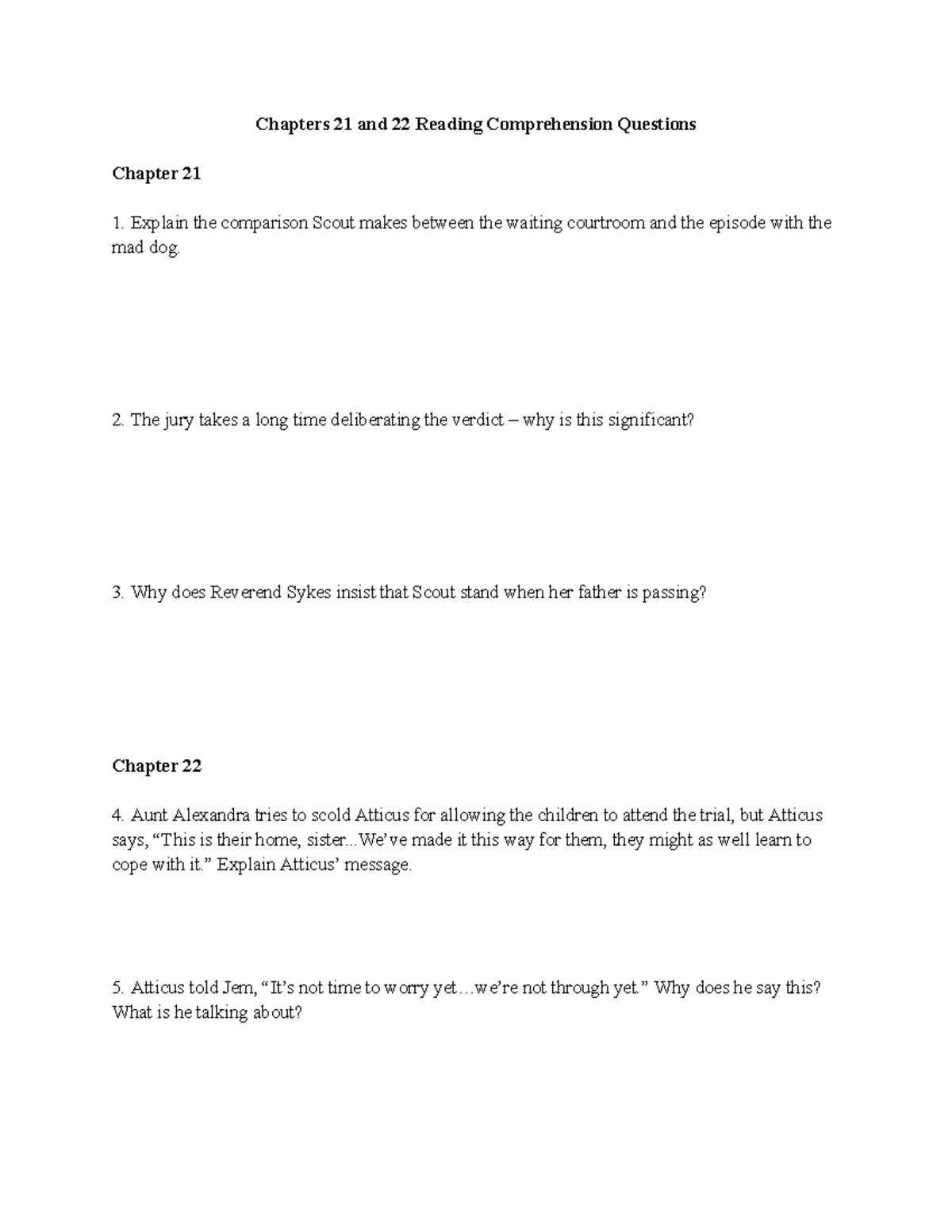 Chapters 21 and 22 Reading Comprehension Questions - Chapters 21 and 22 ...