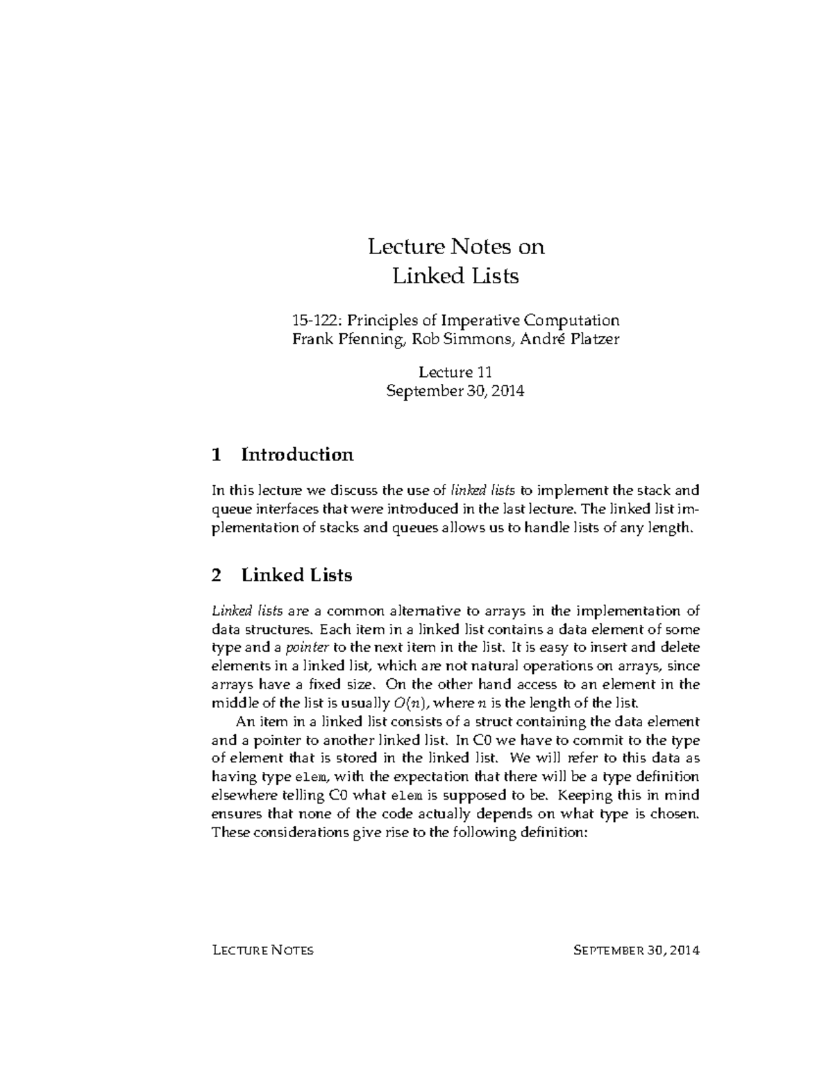 11-linkedlist - data - Lecture Notes on Linked Lists 15-122: Principles ...