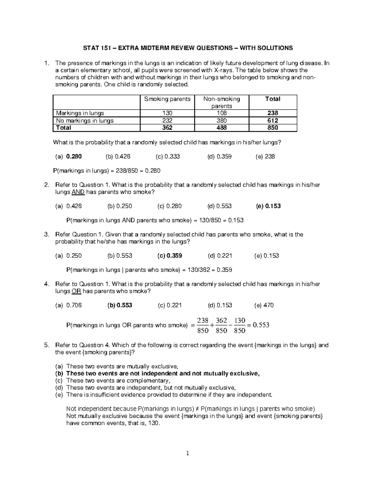 Stat 151 Extra Midterm Review Questions With Solutions Stat 151 Extra Midterm Review