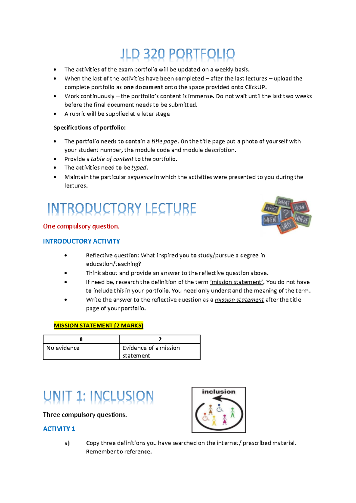 JLD 320 Full Portfolio Activities (With Rubric) - • The activities of ...