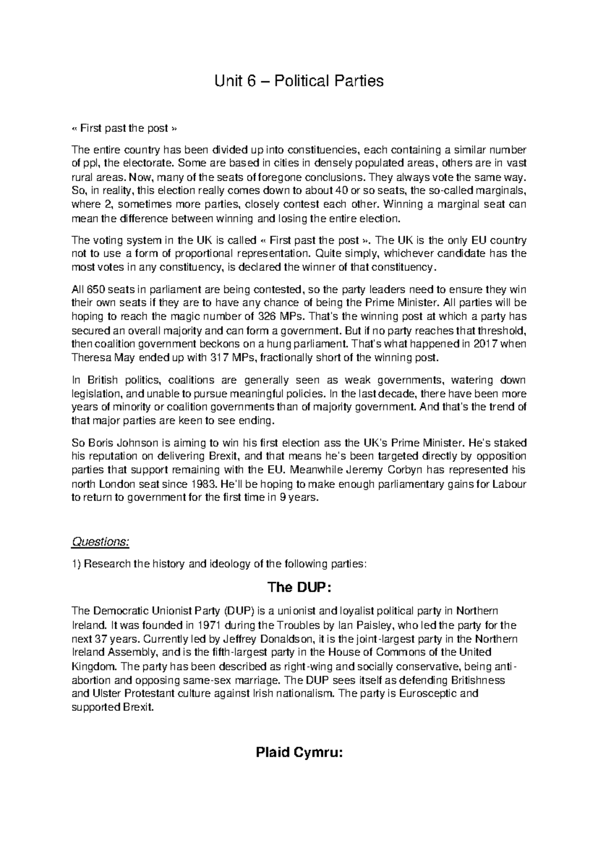 Fiche Unit 6 anglais L2 - Unit 6 – Political Parties « First past the post » The entire country ...