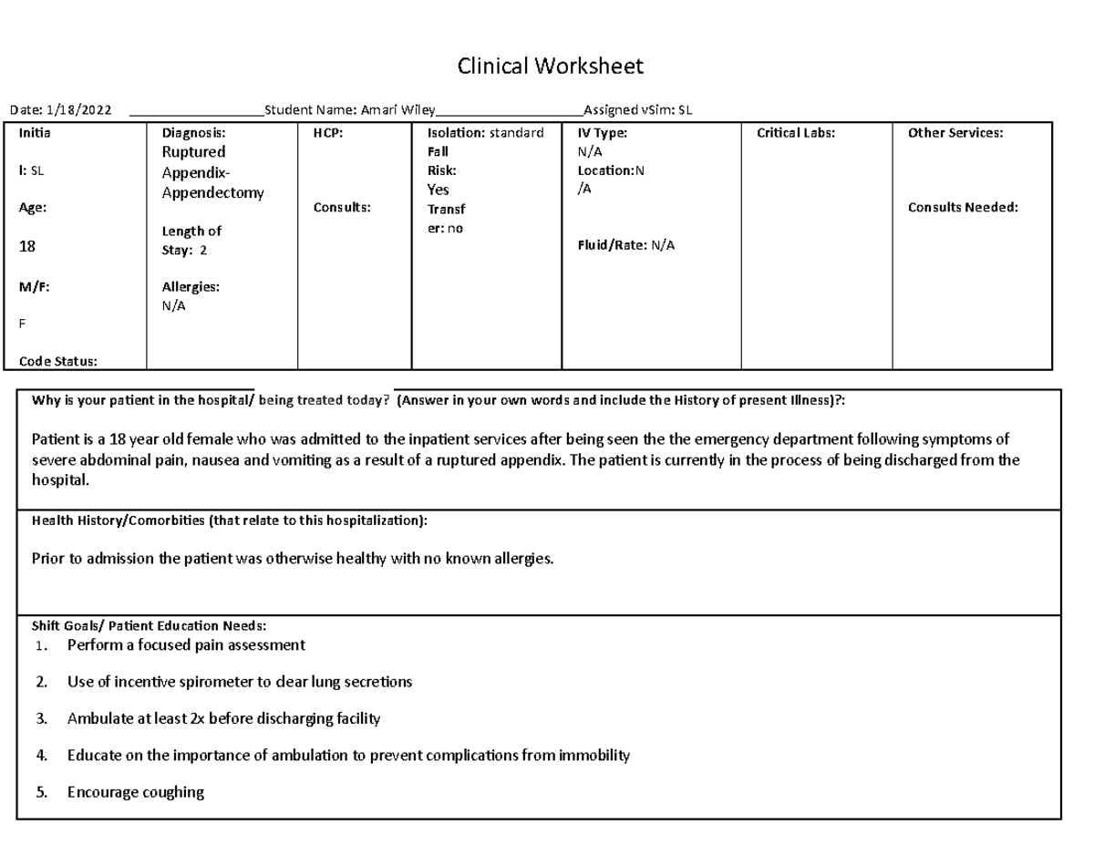 Week 1 Post-Clinical SL Clinical Worksheet - Date: 1/18/2022 Student ...