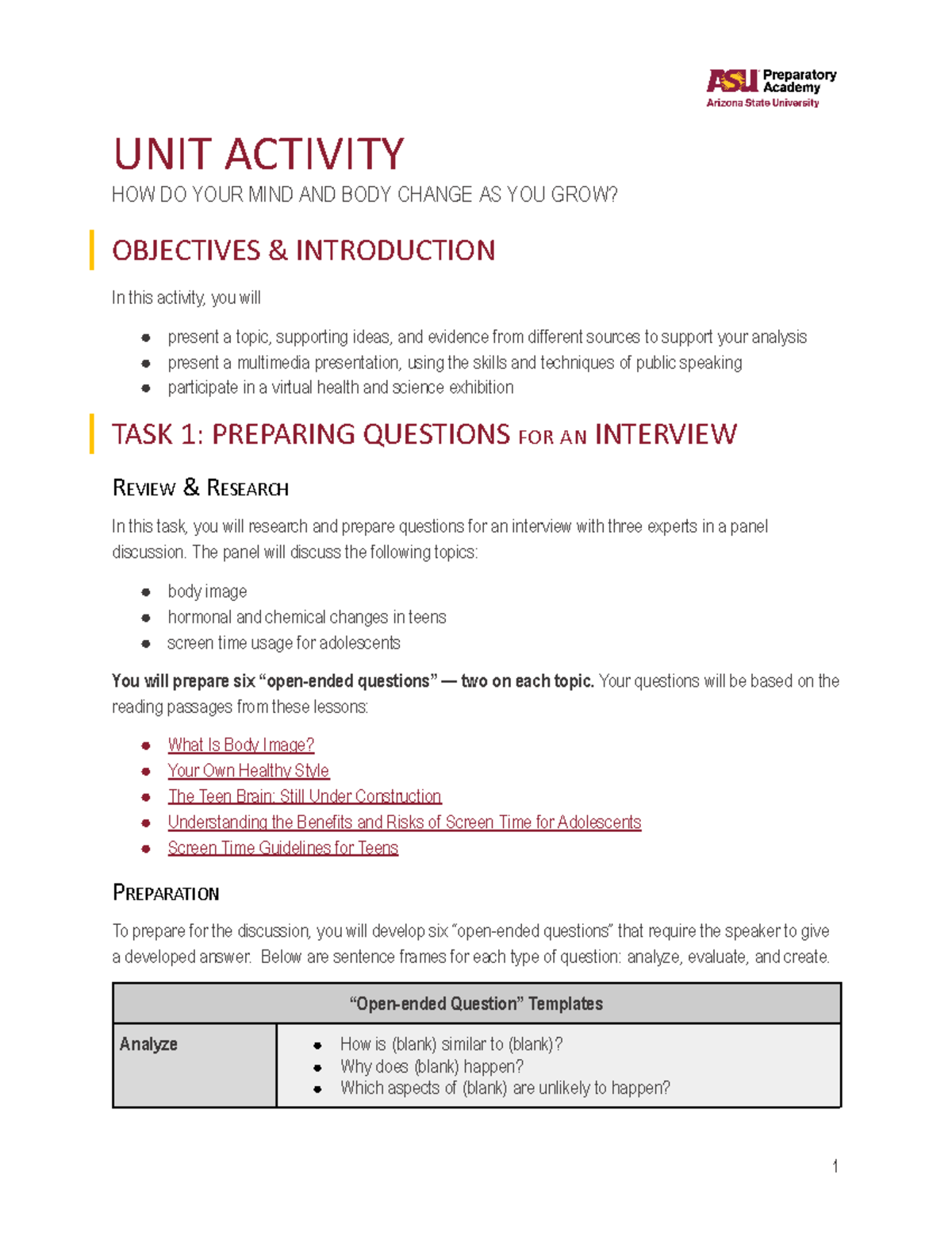 Copy of LA8B U1 Unit Activity How Do Your Mind and Body Change as You ...