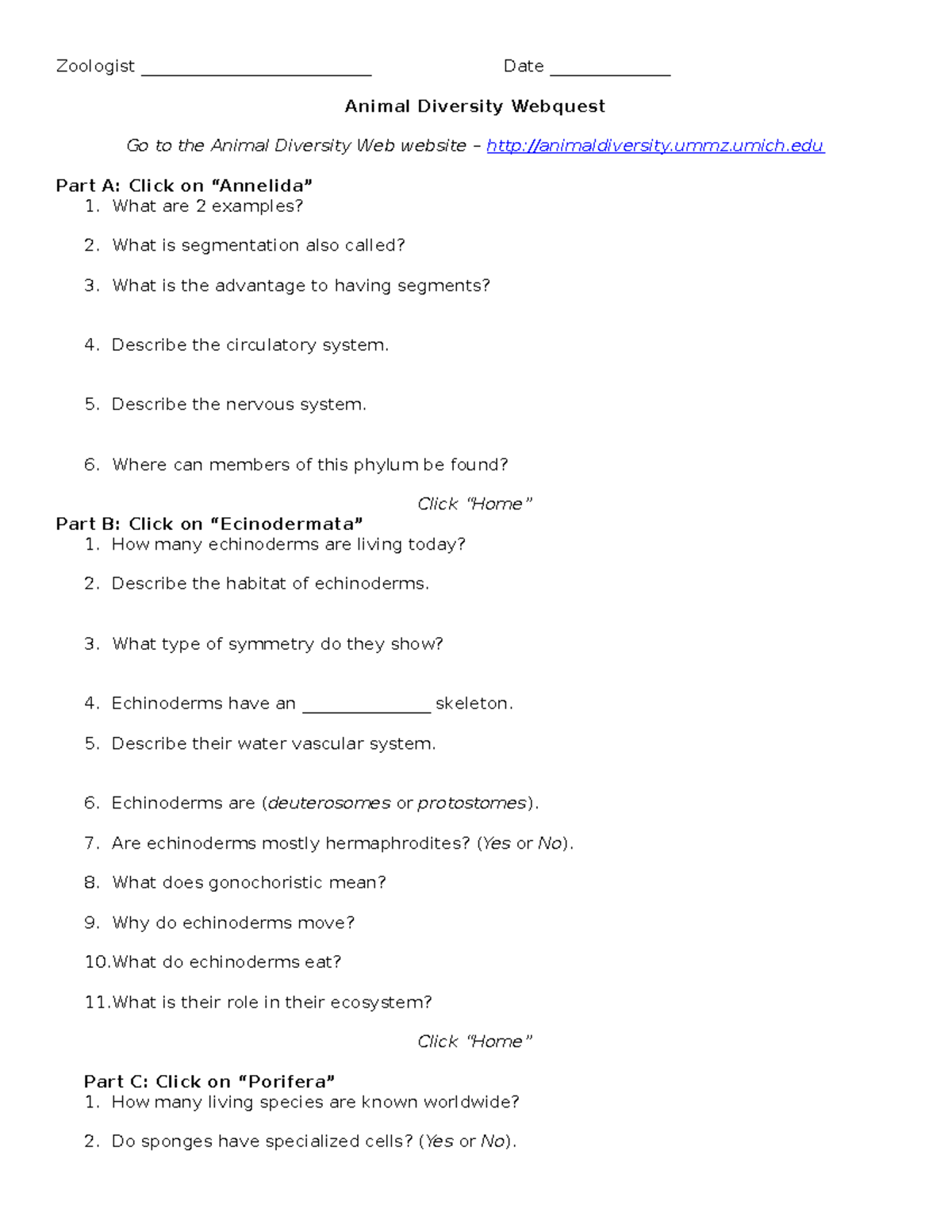 Animal Diversity Webquest - Zoologist ___________________________ Date ...