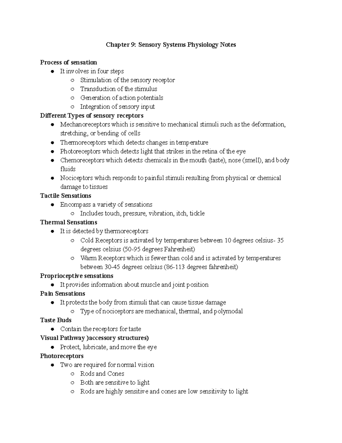 Chapter 9 Sensory Systems Physiology Notes - Studocu