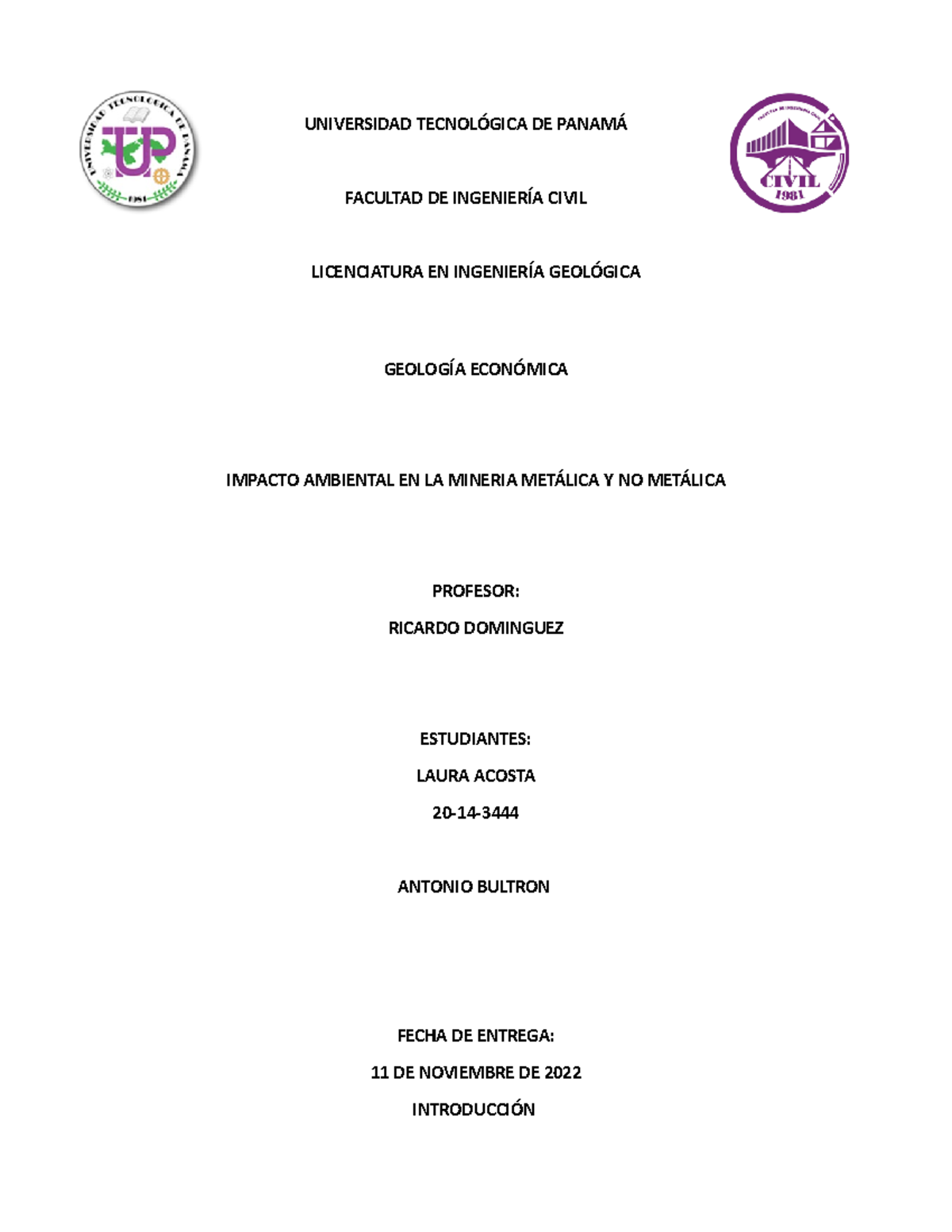 Universidad Tecnológica DE Panamá - UNIVERSIDAD TECNOLÓGICA DE PANAMÁ FACULTAD DE INGENIERÍA ...