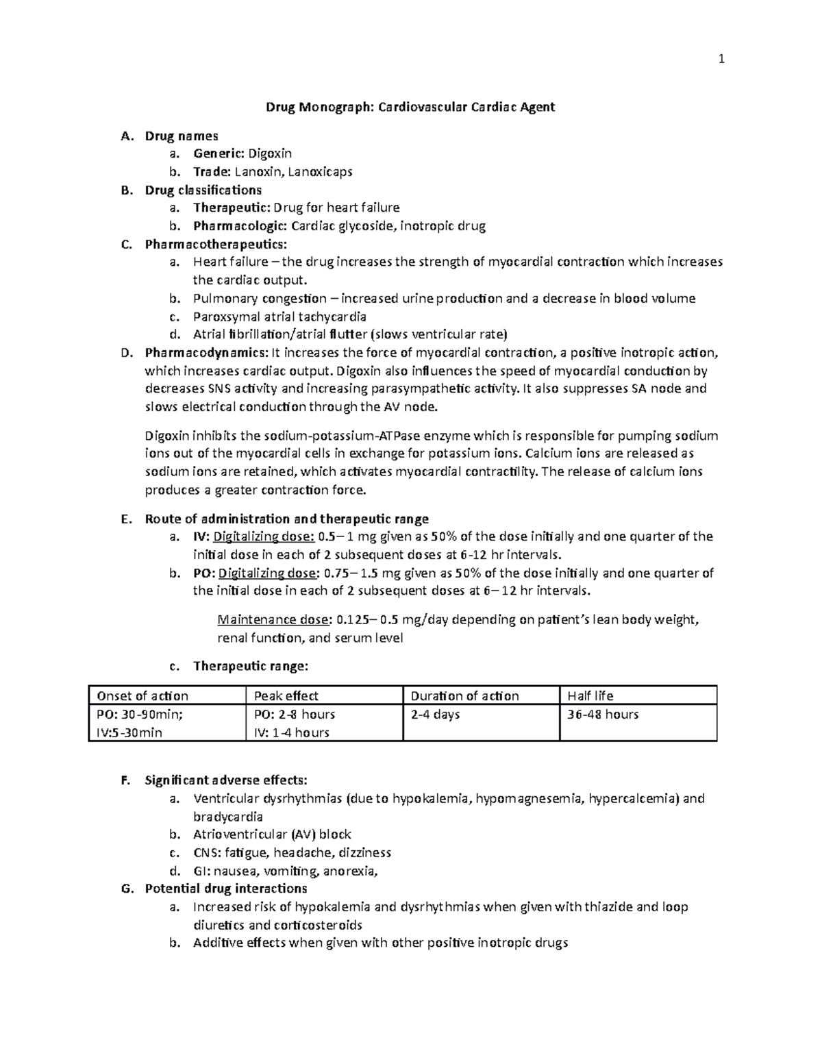 Monograph Cardiovascular Cardiac Agent - Drug names a. Generic ...