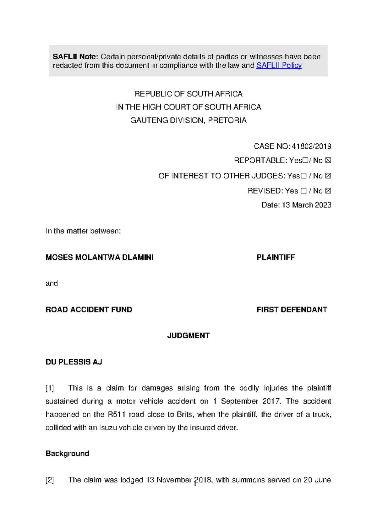 Case - Precedent for ALL - SAFLII Note: Certain personal/private ...