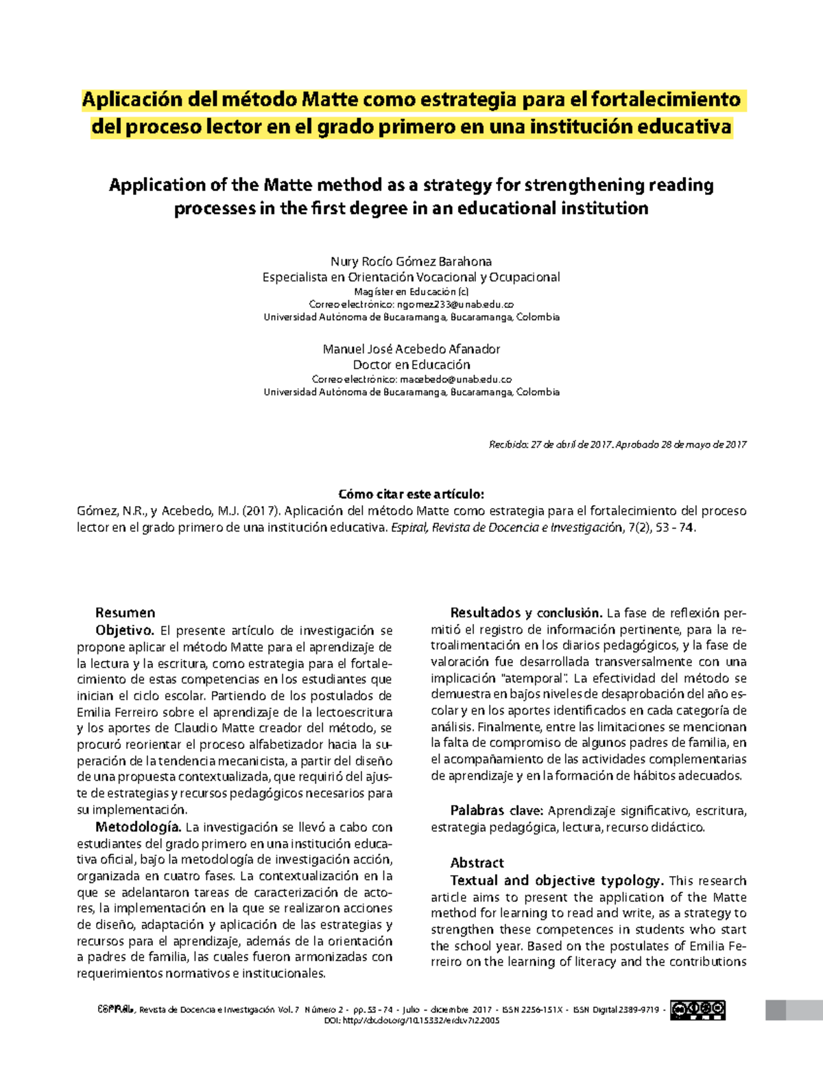 Application of the Matte method as a strategy for strengthening reading ...