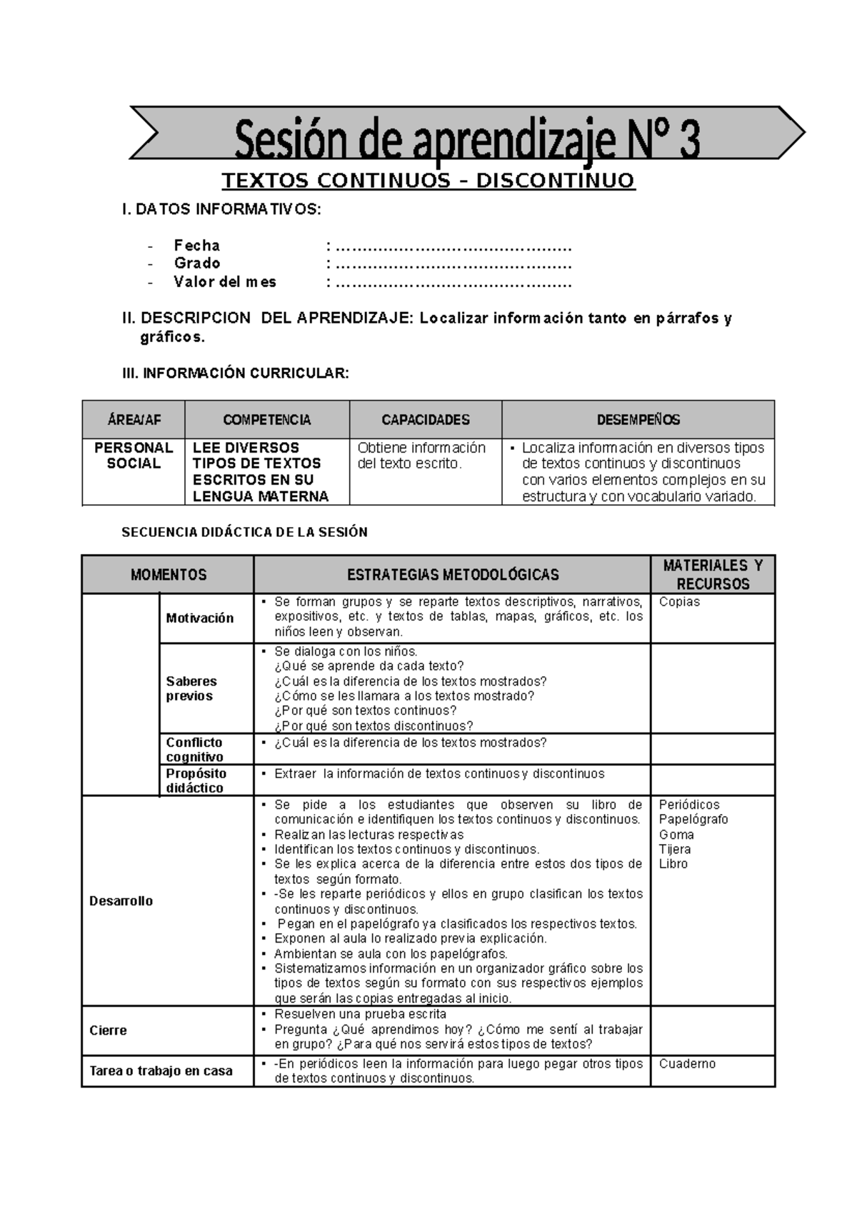 Textos Continuos - sesion de aprendizaje - TEXTOS CONTINUOS ...