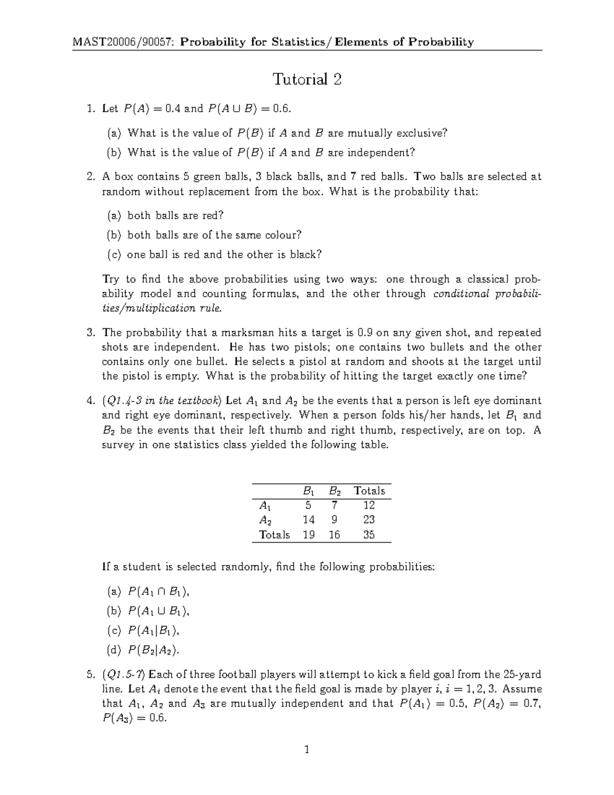 22tut2Q - Test - MAST20006/90057: Probability for Statistics/ Elements ...