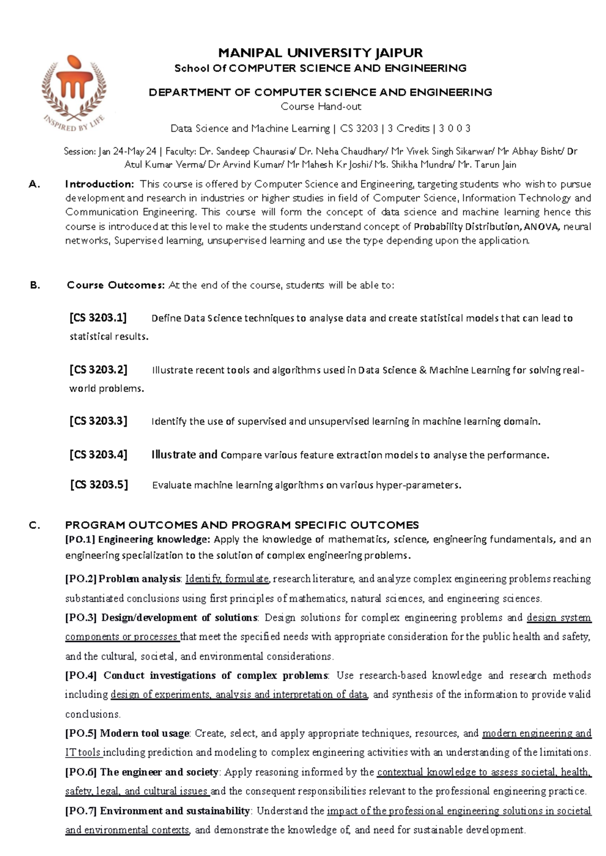 CS3203 Data Science and Machine Learning Handouts (1) - A. Introduction: This course is offered ...