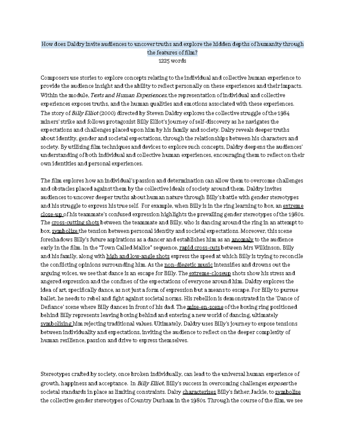 Common Module Draft - Billy Elliot - How does Daldry invite audiences ...