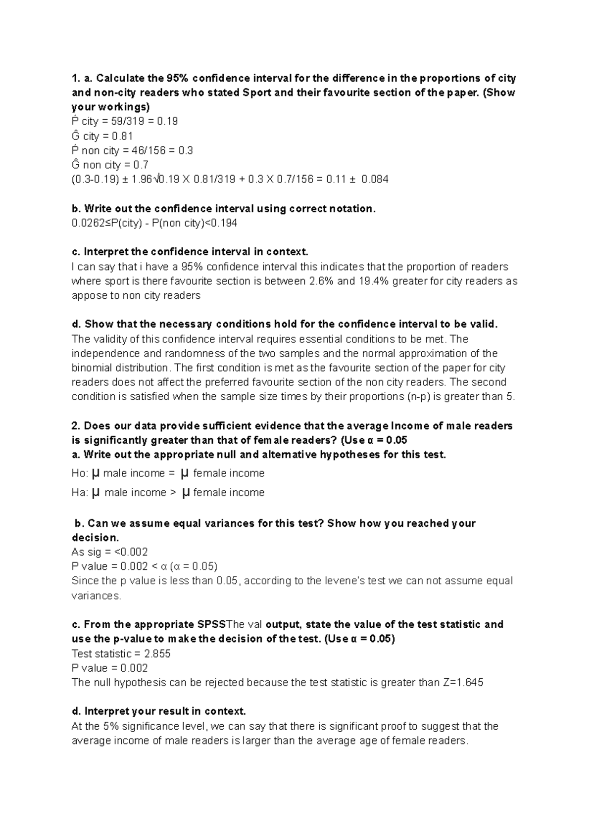 Bsns 112 - Assignment 3 - Brock Fenwick - a. Calculate the 95% confidence interval for the - Studocu
