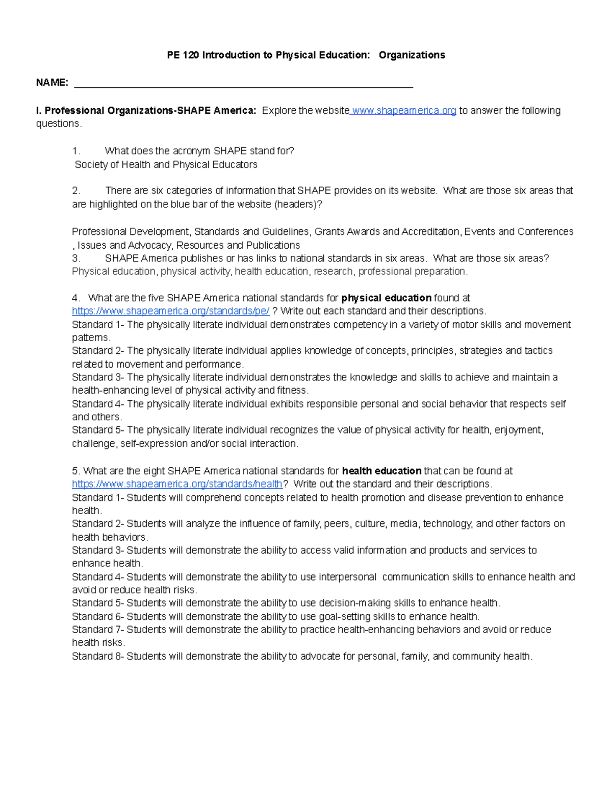 Health Physical Education Organizations Assignment 202 1 - PE 120 ...