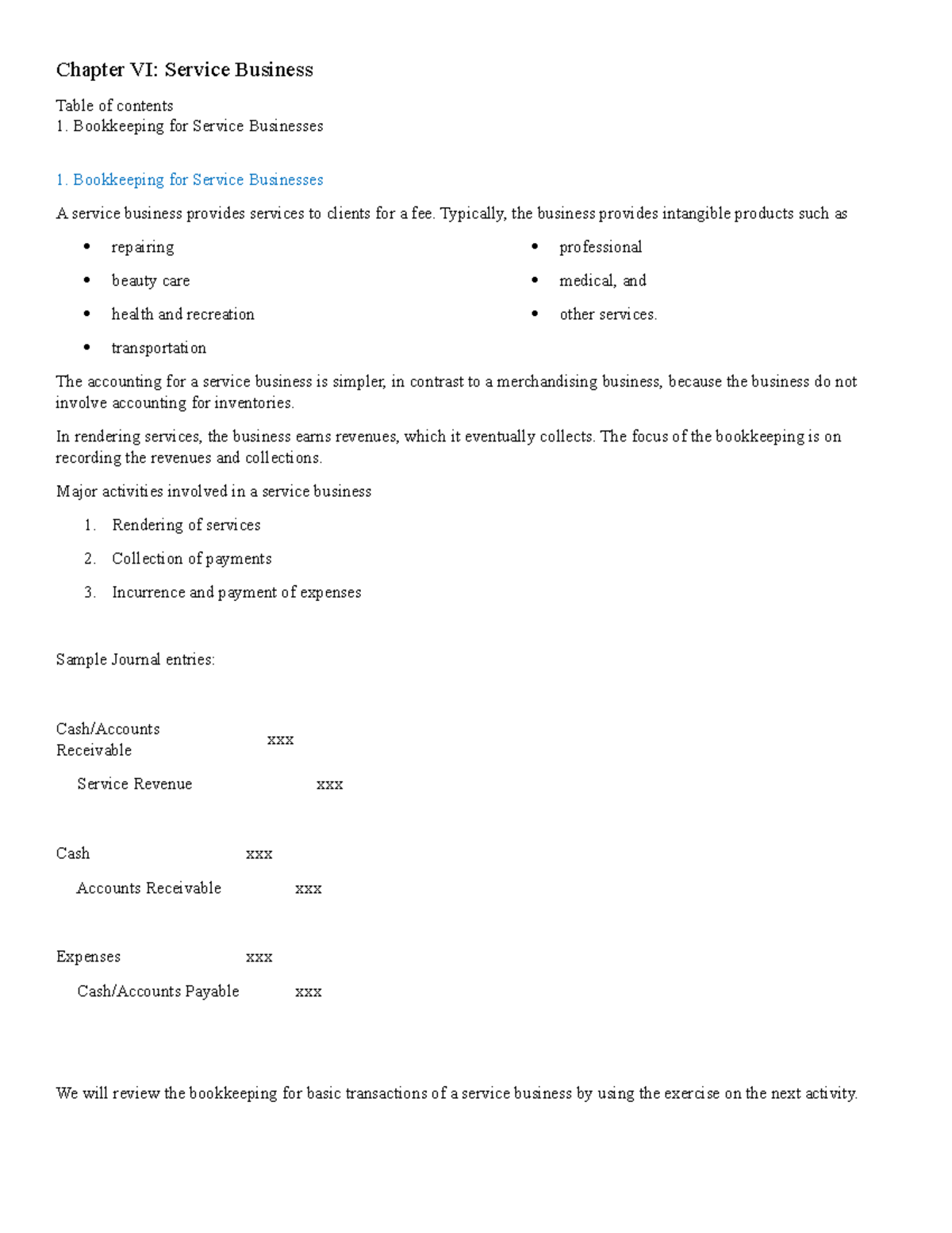 Chapter VI Service Business - Chapter VI: Service Business Table of ...