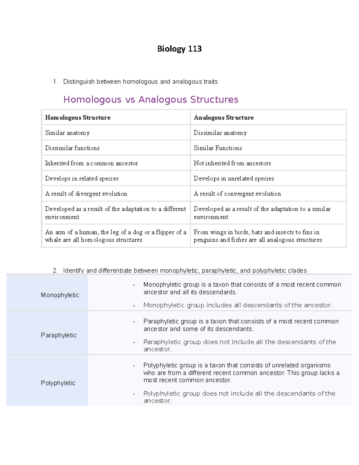 BIO 113 Notes (3) (Assignment) - Biology 113 Distinguish between ...