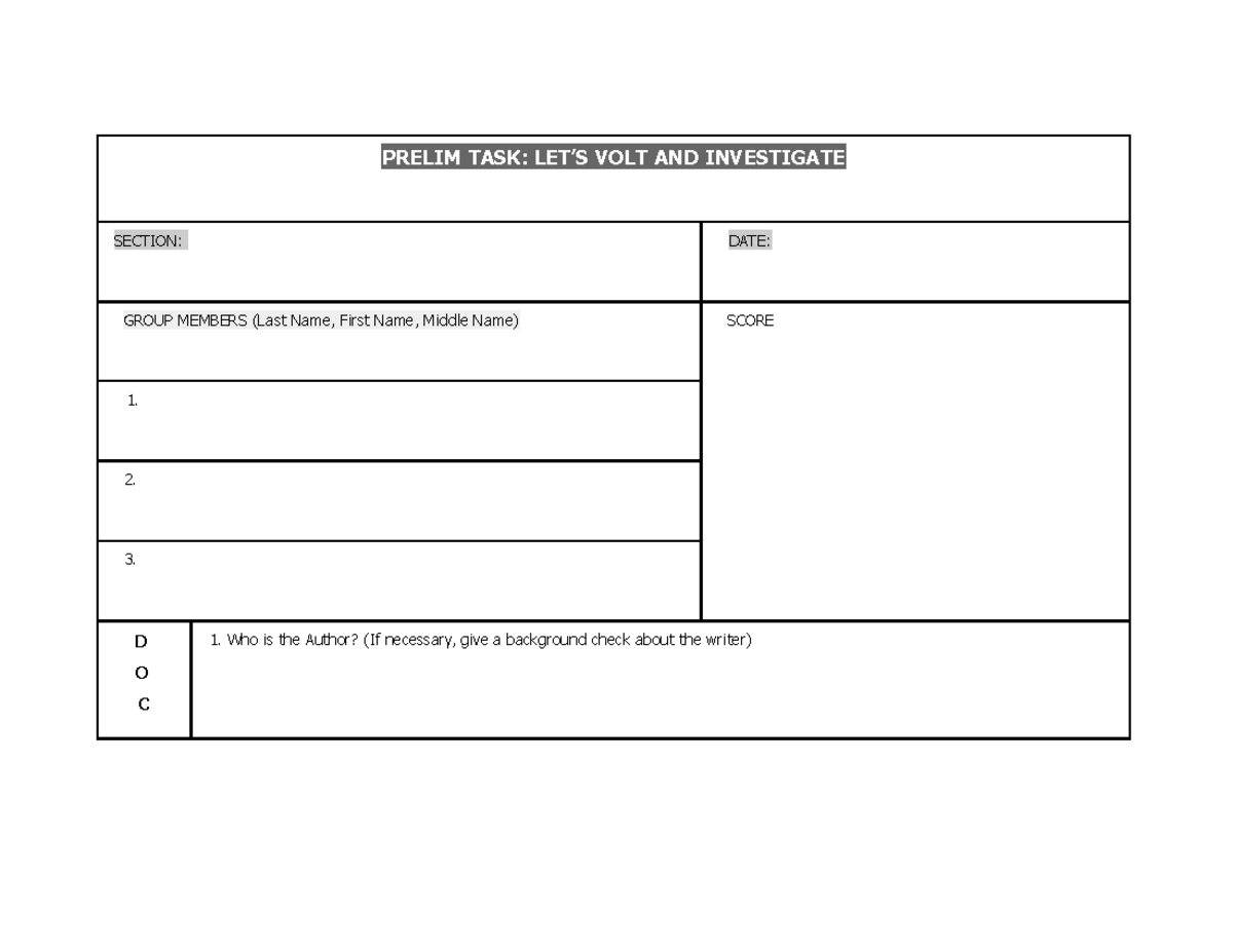 Prelim Task LET’S VOLT AND Investigate Template - Introduction to ...