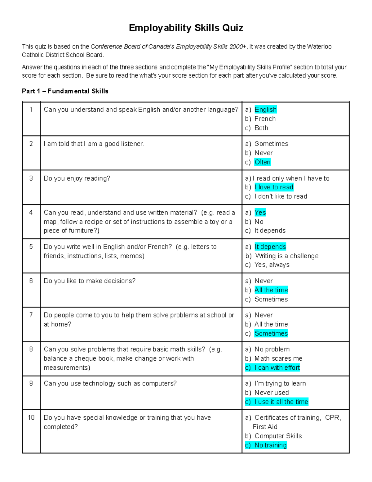 Employability Skills Quiz - It was created by the Waterloo Catholic ...