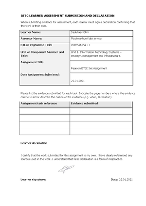 Learner Assessment Submission Declaration - BTEC LEARNER ASSESSMENT ...