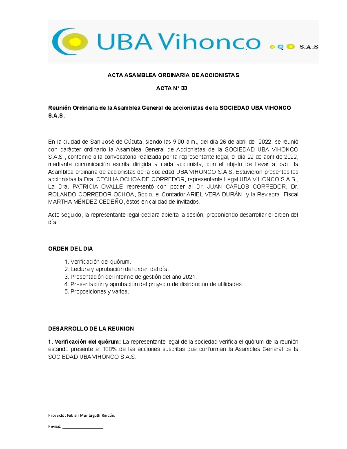 ACTA Asamblea Ordinara DE Accionistas UBA Vihonco - ACTA ASAMBLEA ...