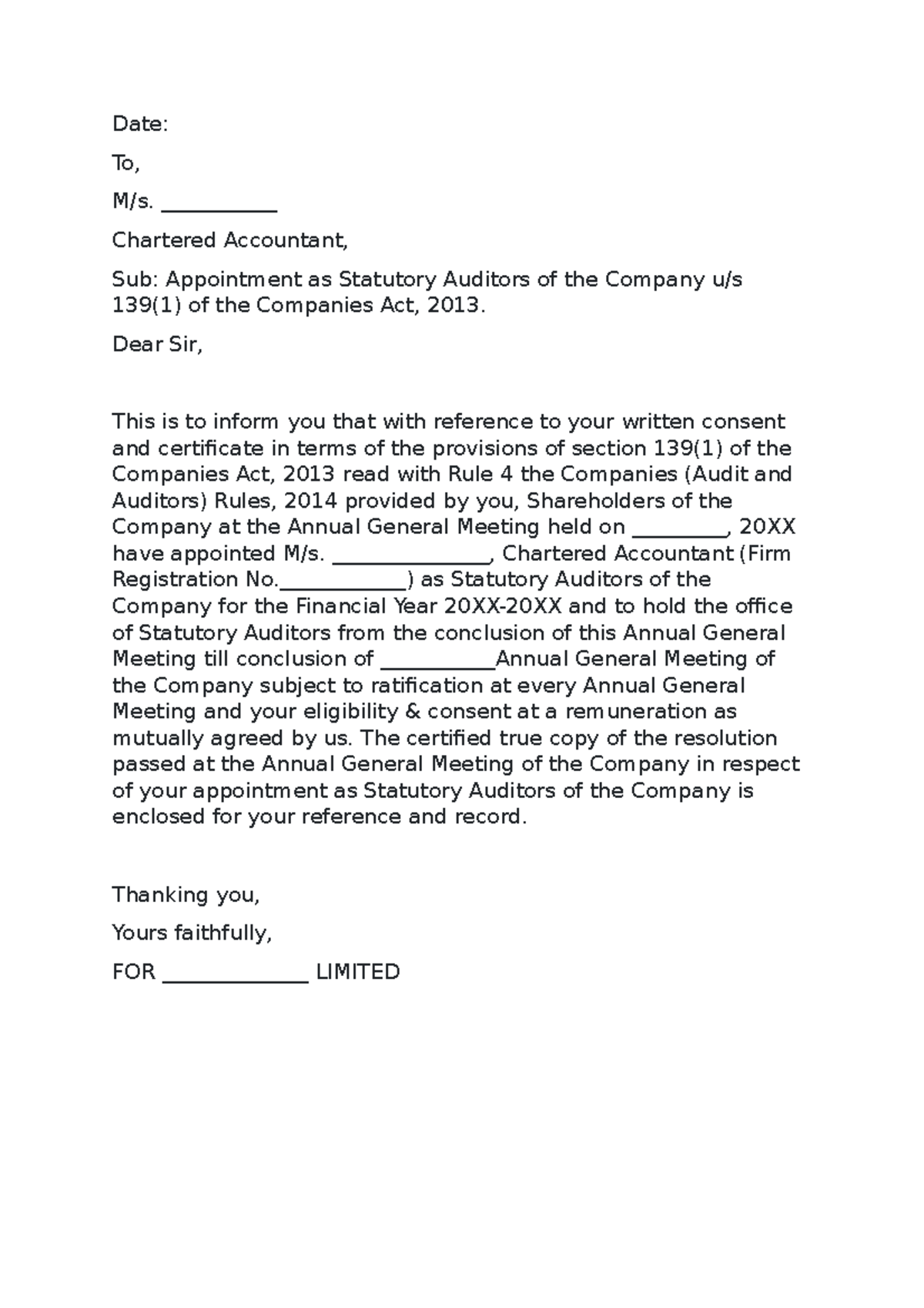 Appointment letter- listed co - Date: To, M/s. ___________ Chartered ...