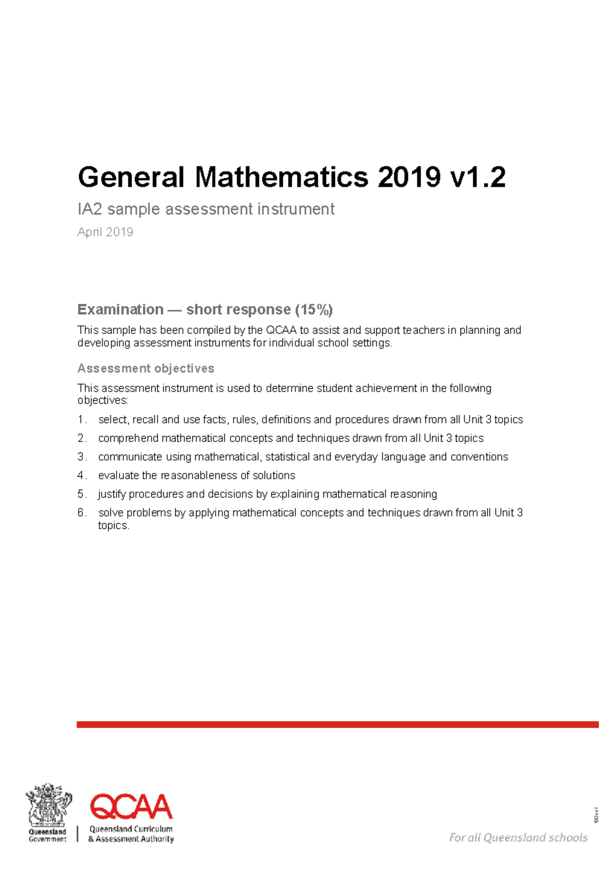 QCAA 2019 snr maths general 19 unit3 ia2 smple ass inst exam - 190441 ...