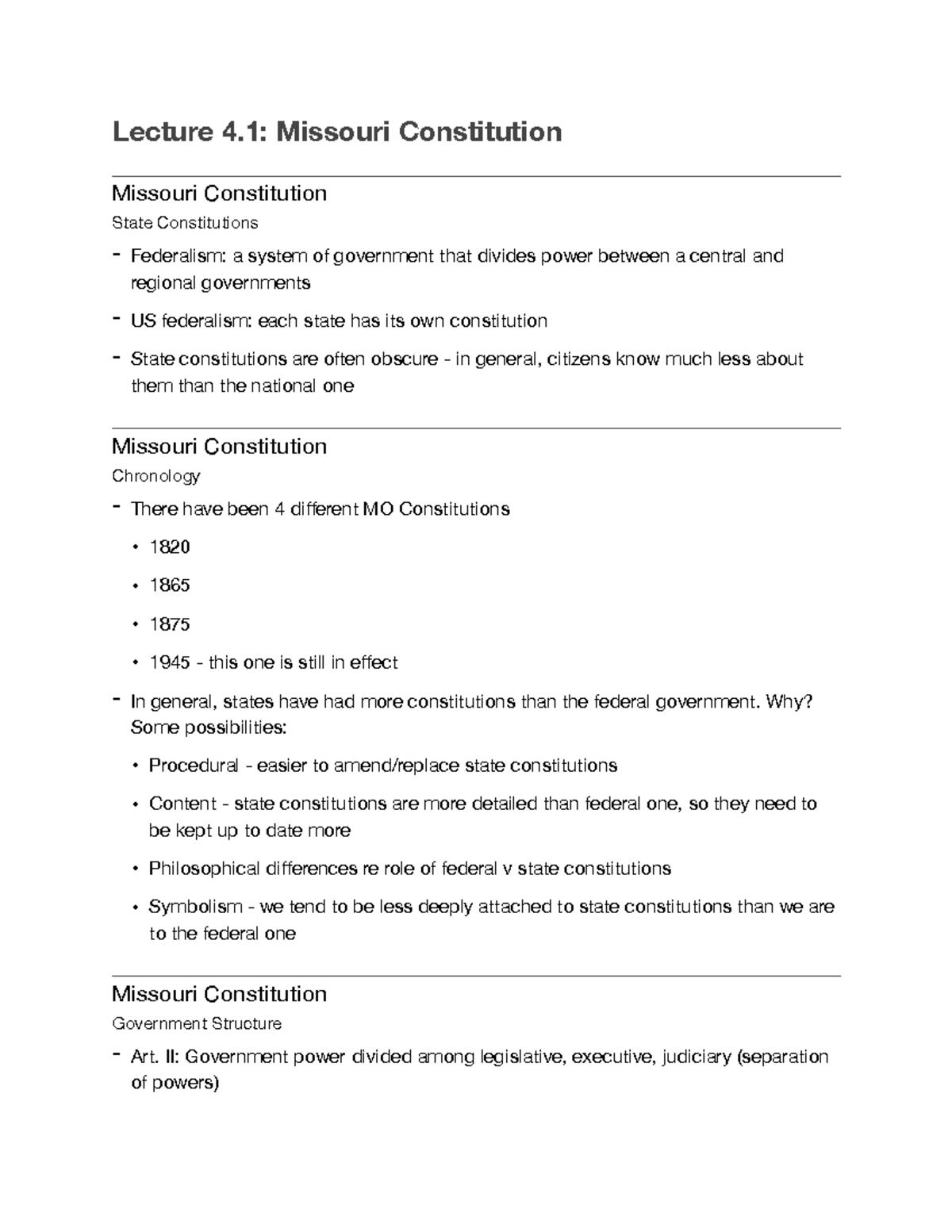 Lecture 4 - Lecture 4: Missouri Constitution Missouri Constitution ...