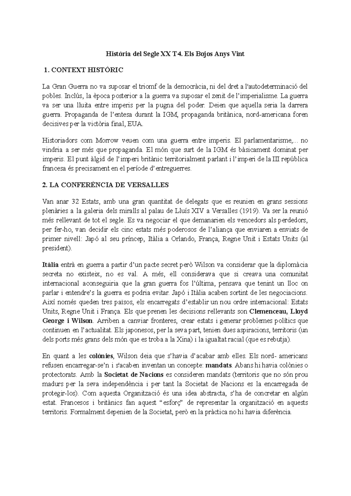 Història del segle XX T4 - Els Bojos Anys Vint CONTEXT HISTÒRIC La Gran ...