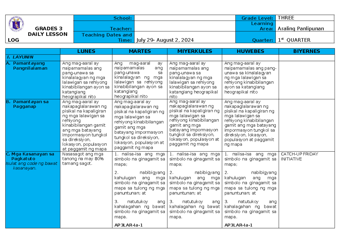 DLL quarter 1 week 1 - DLL - GRADES 3 DAILY LESSON LOG School: Grade ...