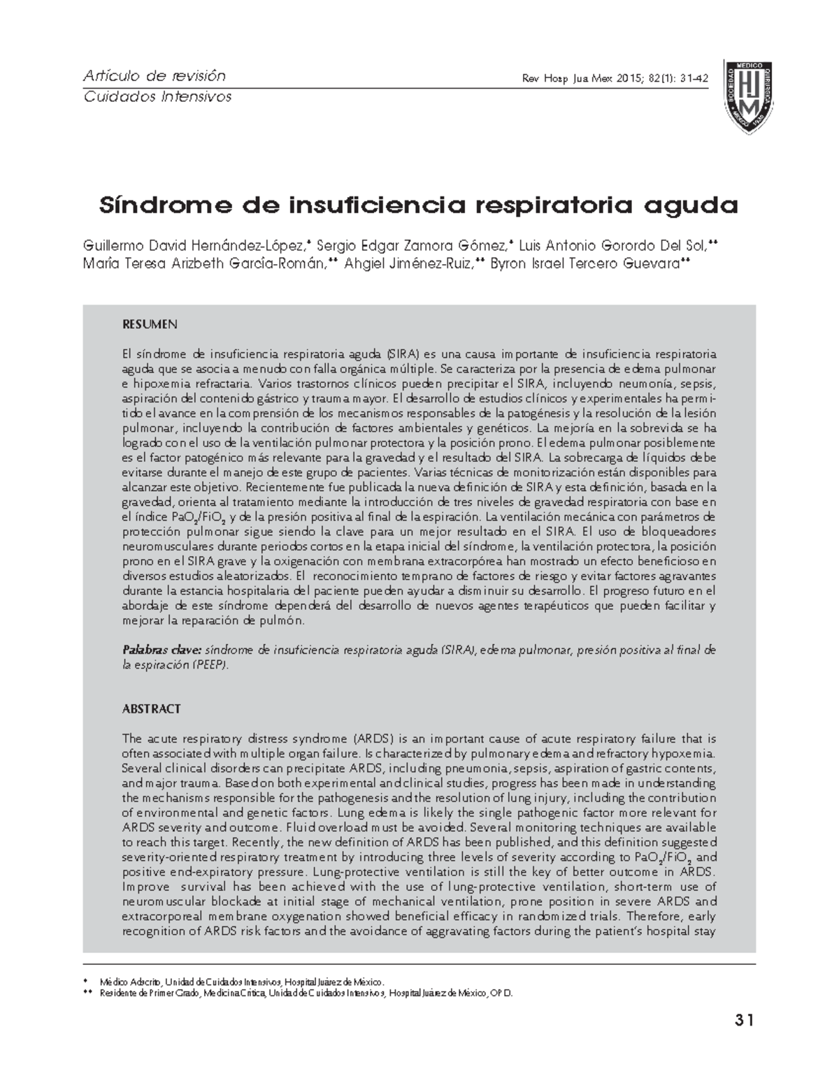 SIRA - Síndrome de Insuficiencia respiratoria - Rev Hosp Jua Mex 2015; 82(1): 31- Artículo de ...