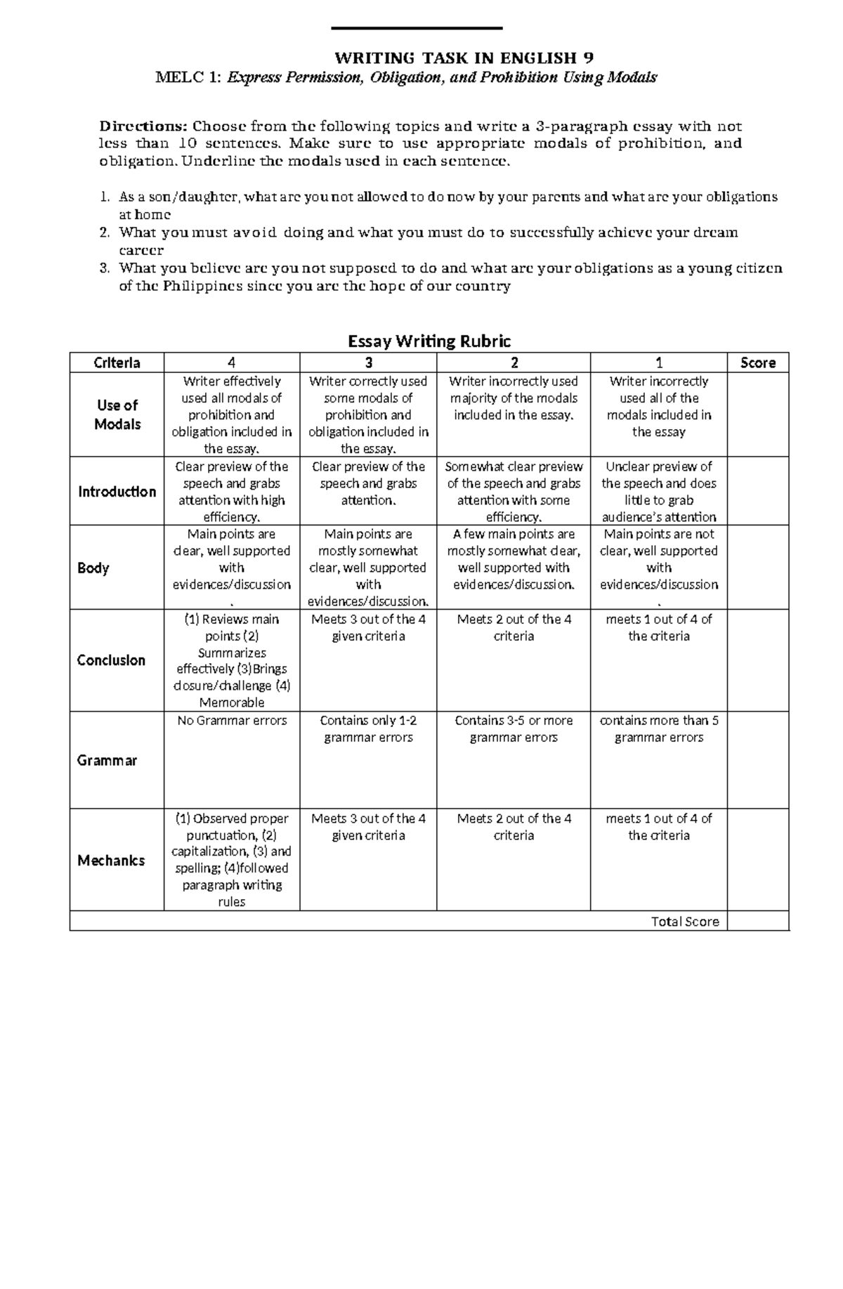 Performance TASK 2 Modals OF Prohibition AND Obligation - WRITING TASK ...