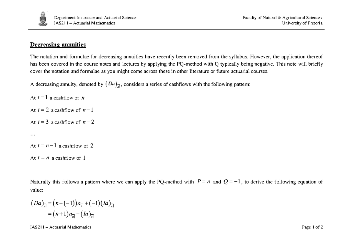 03 Decreasing annuities - Department Insurance and Actuarial Science ...