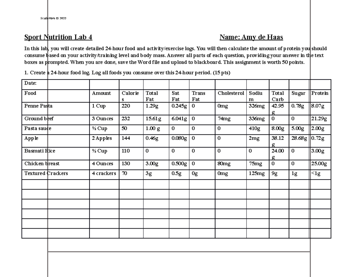 Lab 4 Protein - Lab - Sport Nutrition Lab 4 Name: Amy de Haas In this ...