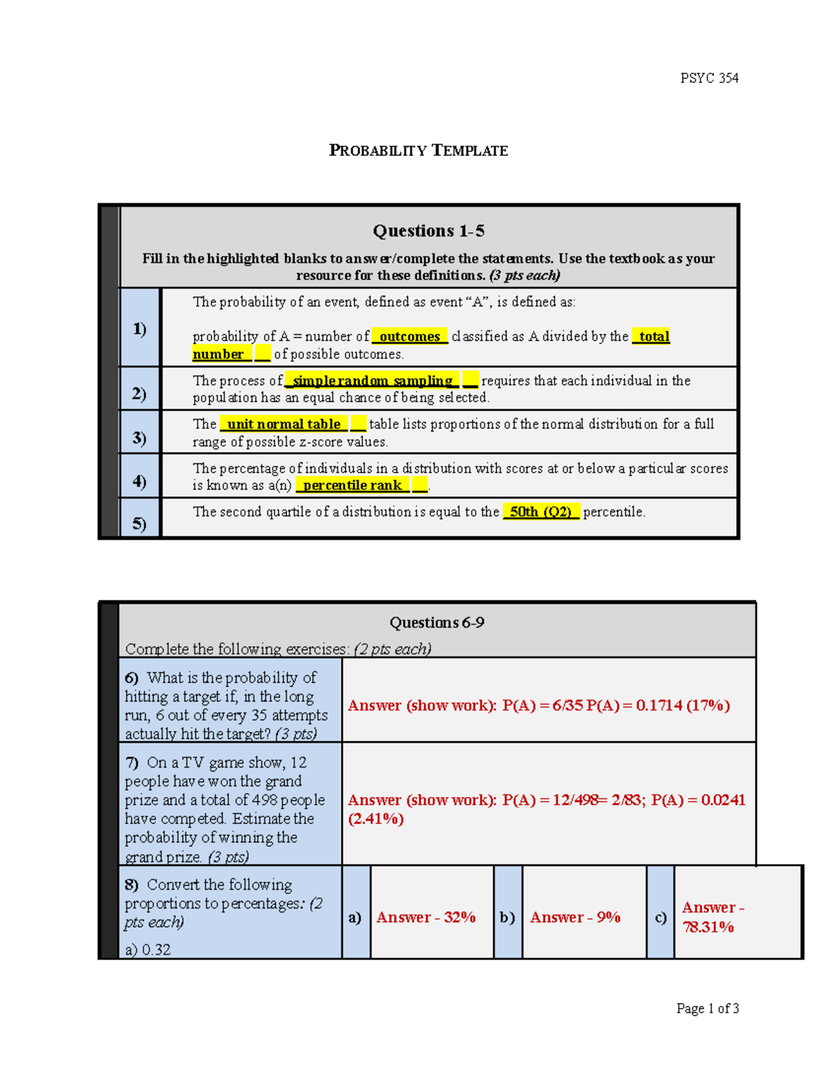 Probability Template - assignment - PSYC 354 PROBABILITY TEMPLATE Questions 1- Fill in the - Studocu