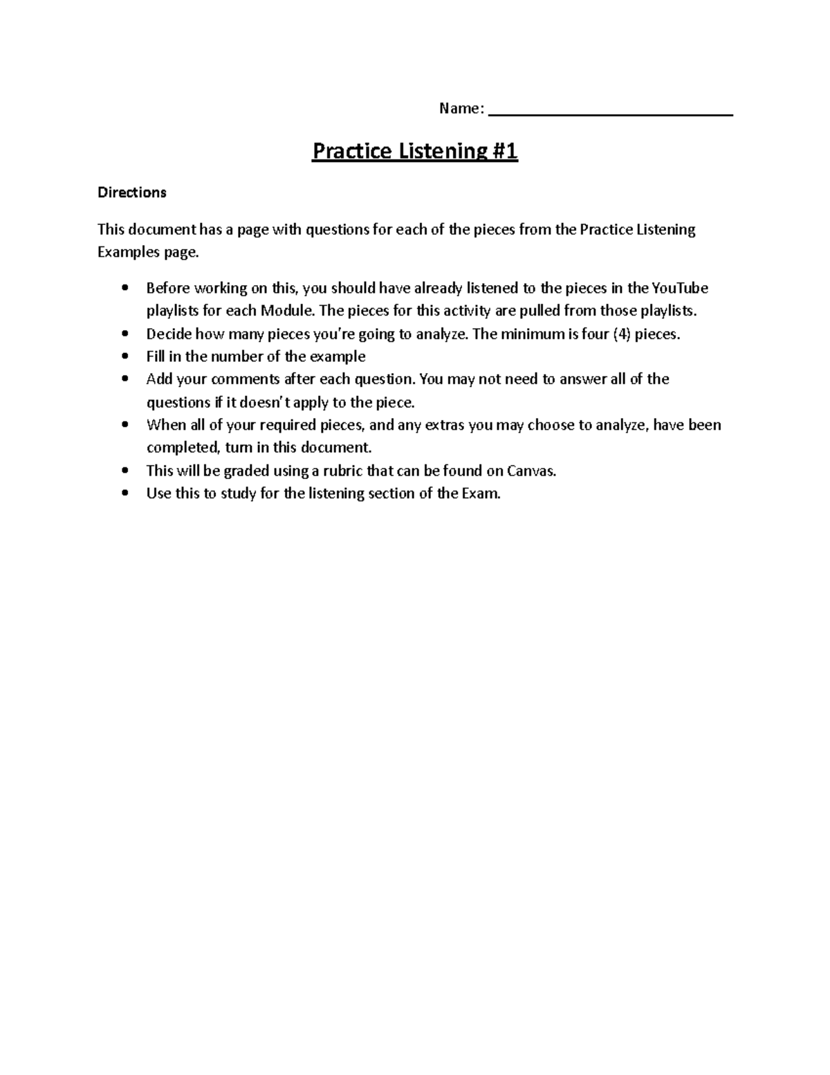 Practice Listening #1 Form - Name: Practice Listening Directions This ...