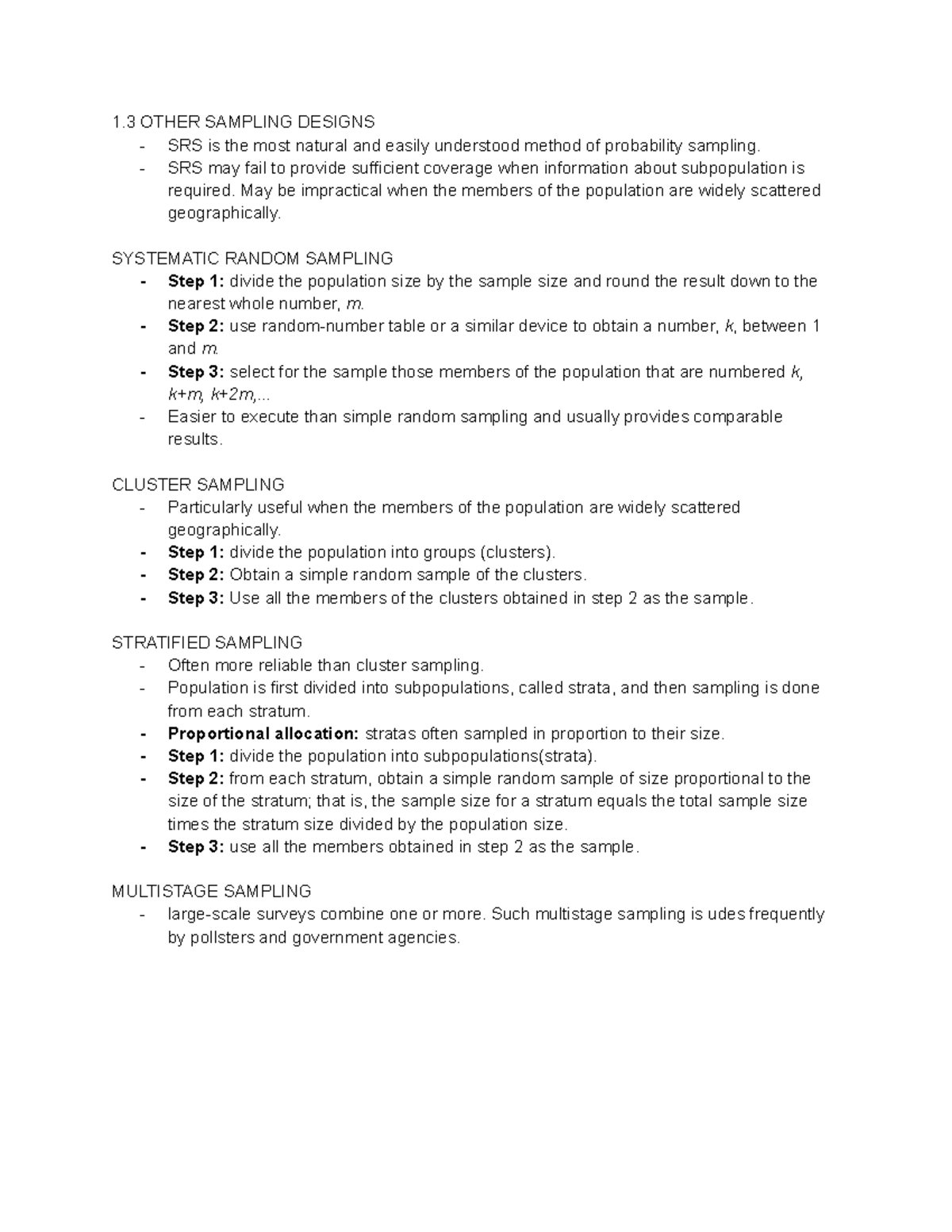 Ch 1 part 2 Nature of Statistics - 1 OTHER SAMPLING DESIGNS SRS is the ...