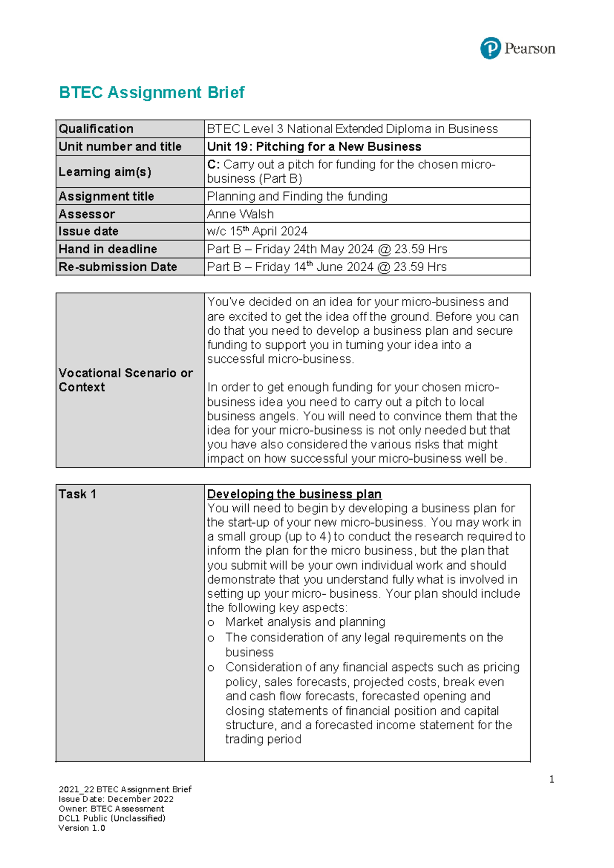 Authorised Assignment Brief Learning Aims Band C (Part B) - BTEC ...