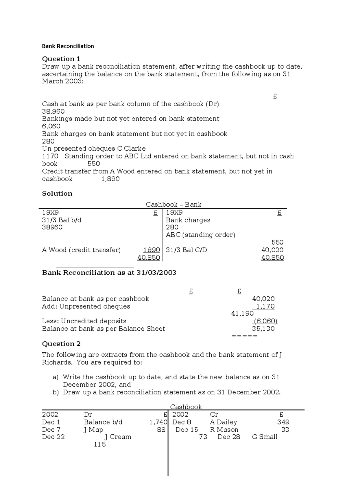 Questions - Bank Reconciliation Question 1 Draw up a bank ...