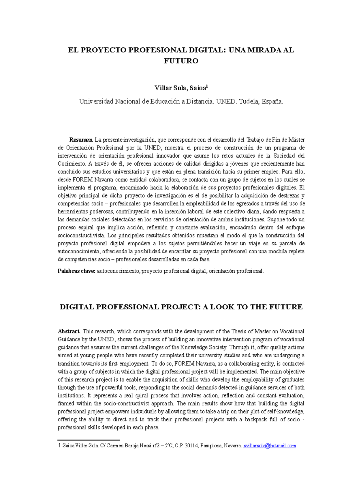 PROYECTO PROFESIONAL DIGITAL - UNED. Tudela, España. Resumen. La ...