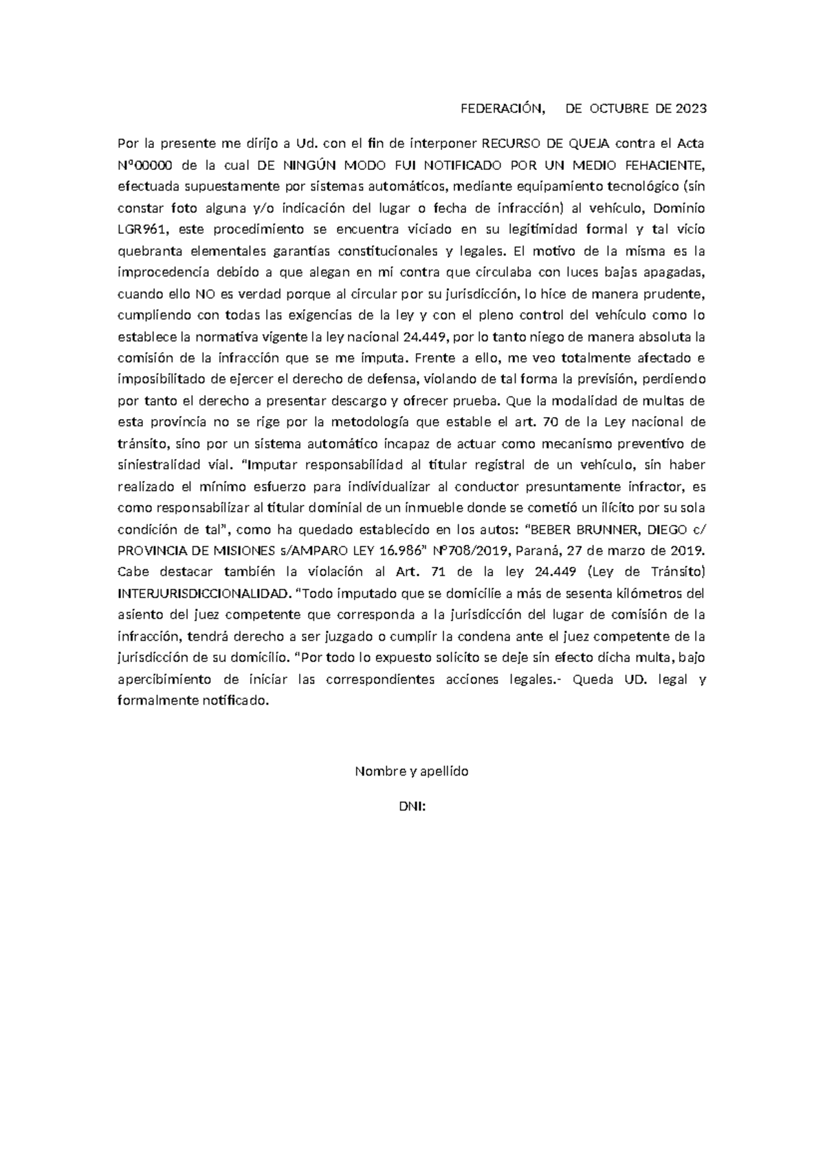 Modelo DE Descargo DE Multa POR Circular CON Luces Bajas Apagadas - FEDERACIÓN, DE OCTUBRE DE ...