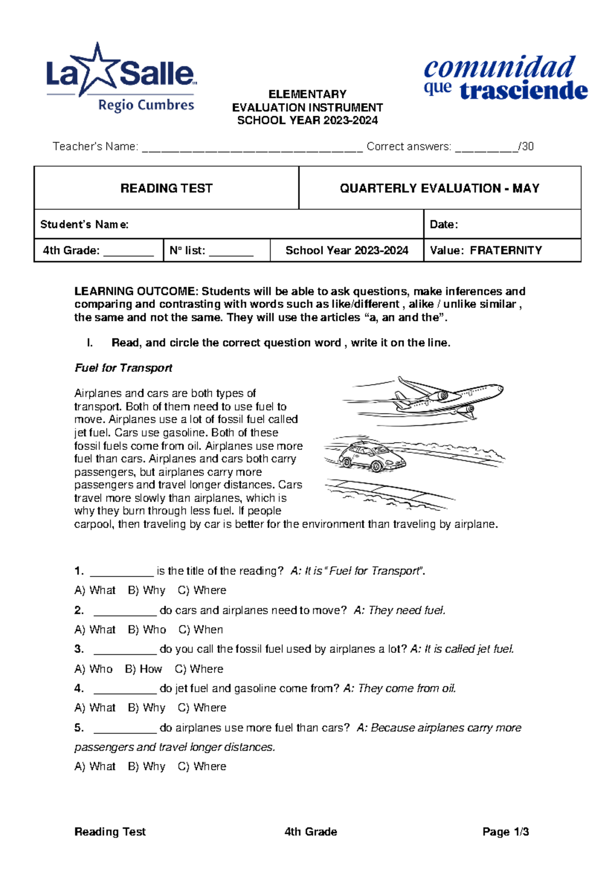 4th Reading Exam 2024maycorregido - Reading Test 4th Grade Page 1 ...